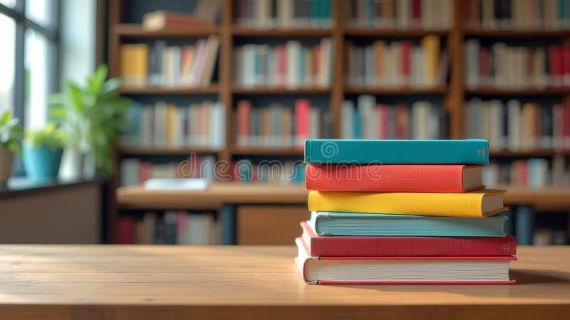 A Stack of Books Stands on a Table Against the Background of a Library ...