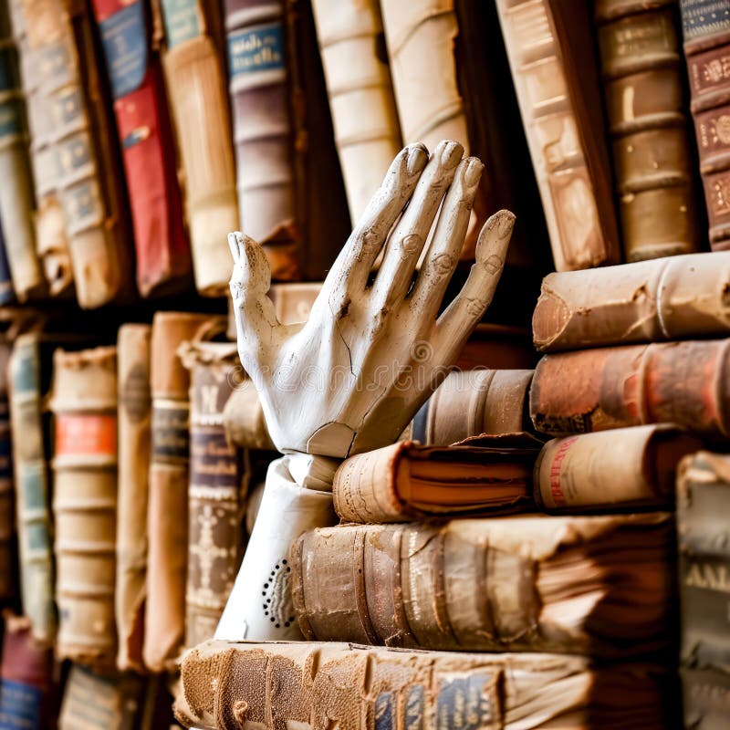 Stack of Books with Statue of Hand on Top of it. AI Stock Photo - Image ...