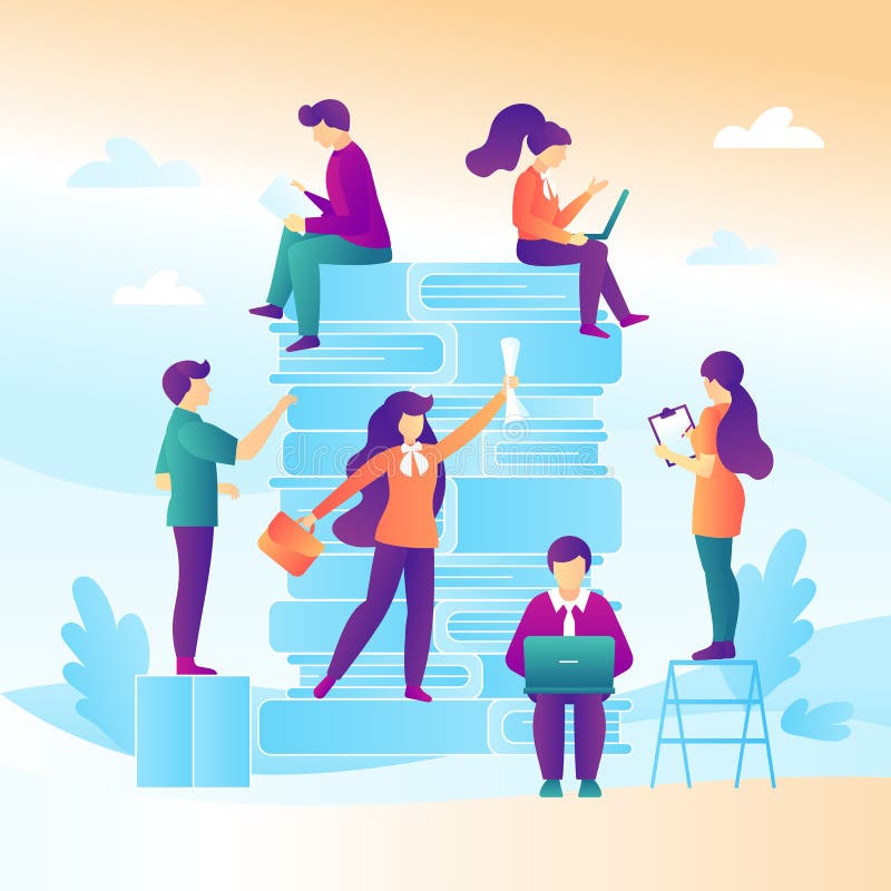 Stack of Books with Students in a Flat Design. Education and Training ...