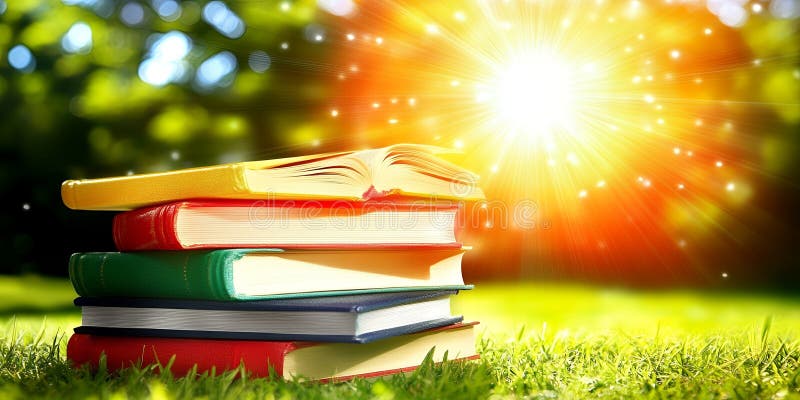Stack of Books in Sunny Grass Education Knowledge Summer Reading Stock ...