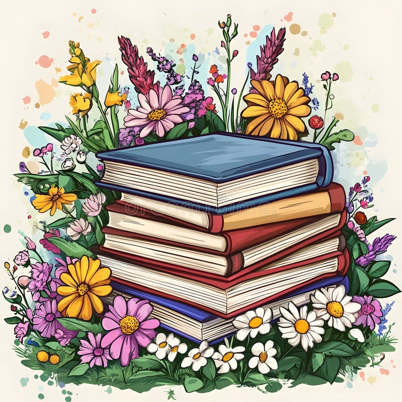 A Stack of Books Surrounded by Blooming Wildflowers Stock Illustration ...