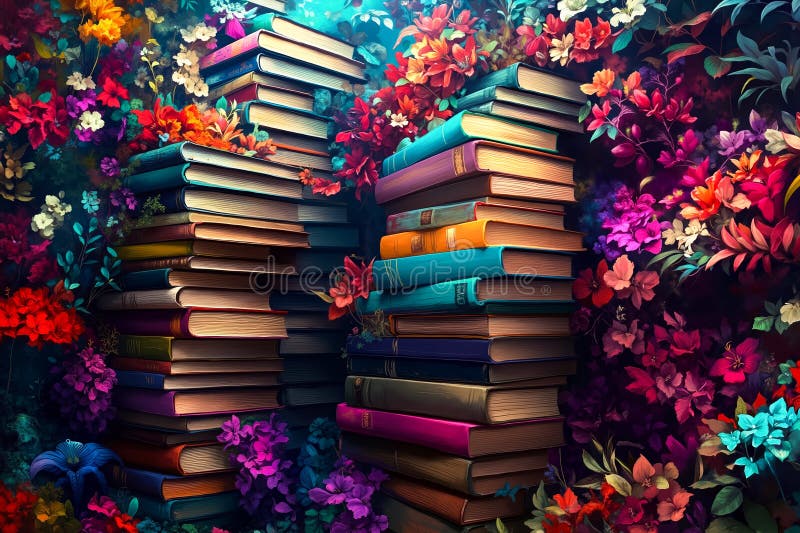 A Stack of Books Surrounded by Colorful Flowers and Plants Stock Photo ...