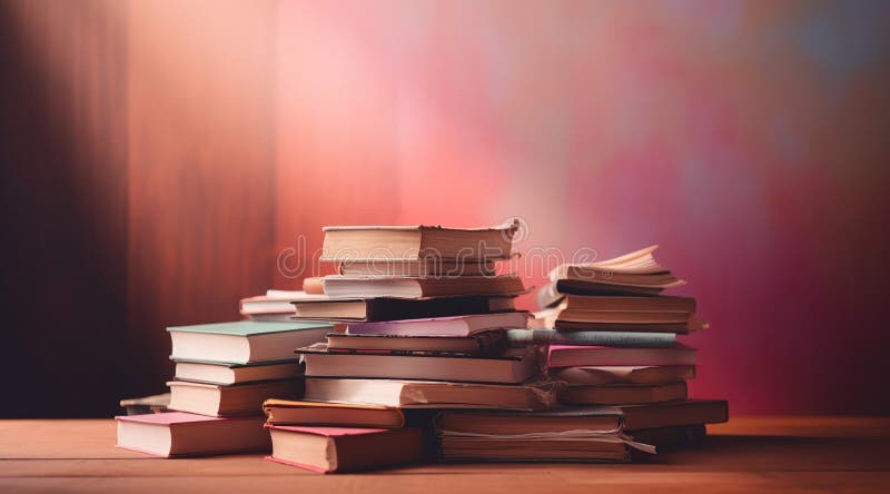 Stack of Books on Table Against Pink Wall, Concept of Study Atmosphere ...