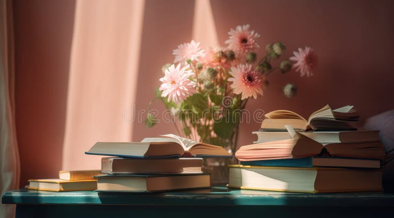 A Stack of Books on a Table with Flowers and Pink Background Stock ...