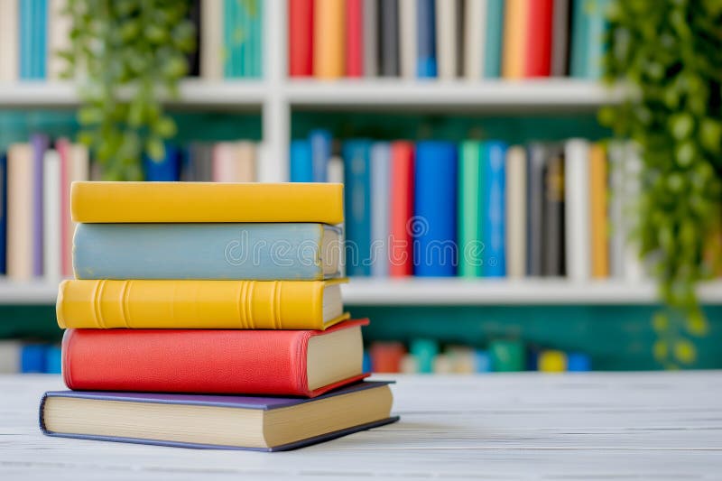 Stack of Books on Table in Front of Blurred Book Shelf Stock ...