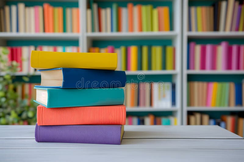 Stack of Books on Table in Front of Blurred Book Shelf Stock Image ...