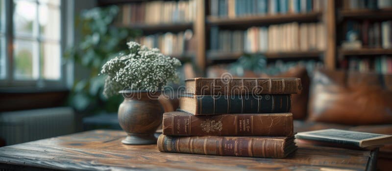 Stack of Books on Table in Front of Bookcase Stock Image - Image of ...