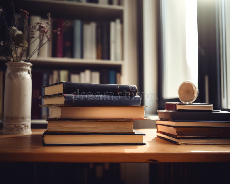 Stack of Books on Table in Front of Bookshelf. a Stack of Books Sitting ...