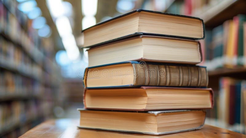 A Stack of Books on a Table in Front of Shelves, AI Stock Image - Image ...