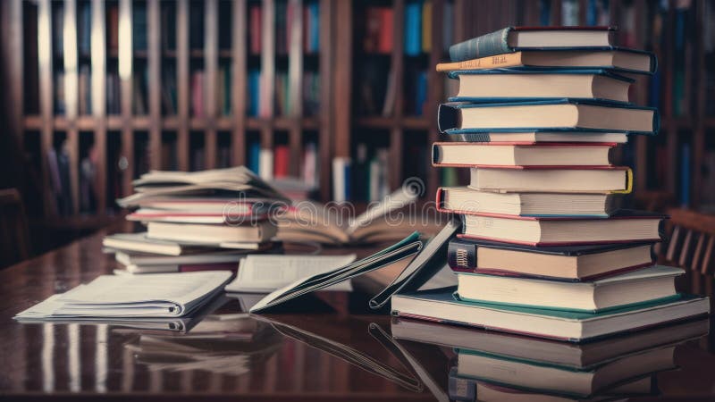 A Stack of Books on a Table in Front of Some Shelves, AI Stock Image ...