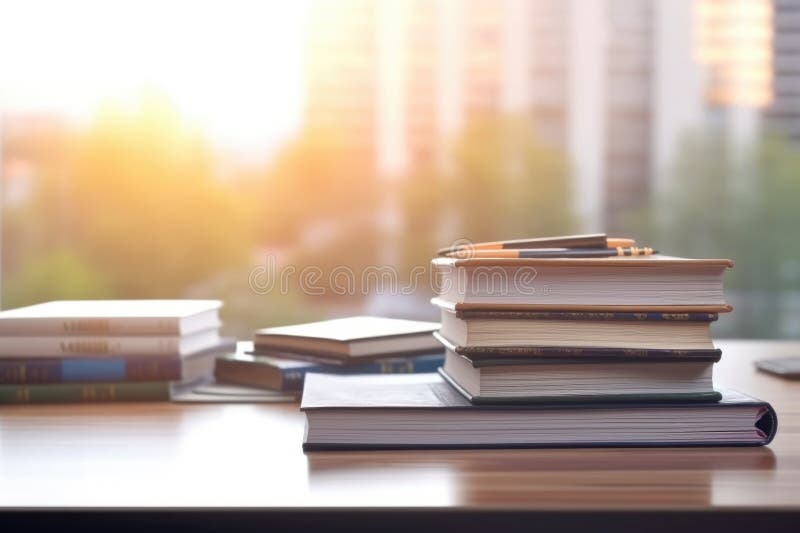 Stack of books on table stock photo. Image of interior - 288369552