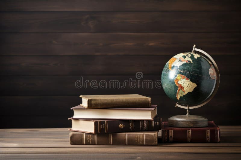 Stack of Books on the Table, a Globe, Bookshelves in the Library ...