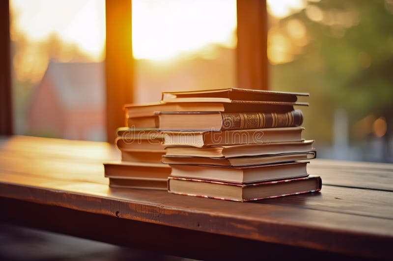 Stack of Books on Table at Library Stock Illustration - Illustration of ...