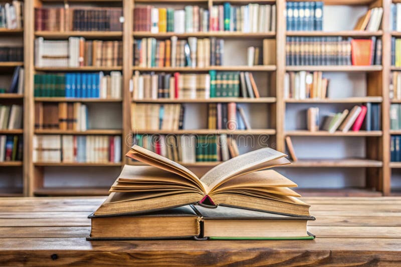 Stack of Books on Table in Library Stock Illustration - Illustration of ...