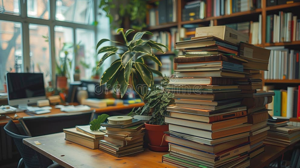 Stack of Books on a Table in a Library. Education Concept. Stock Image ...