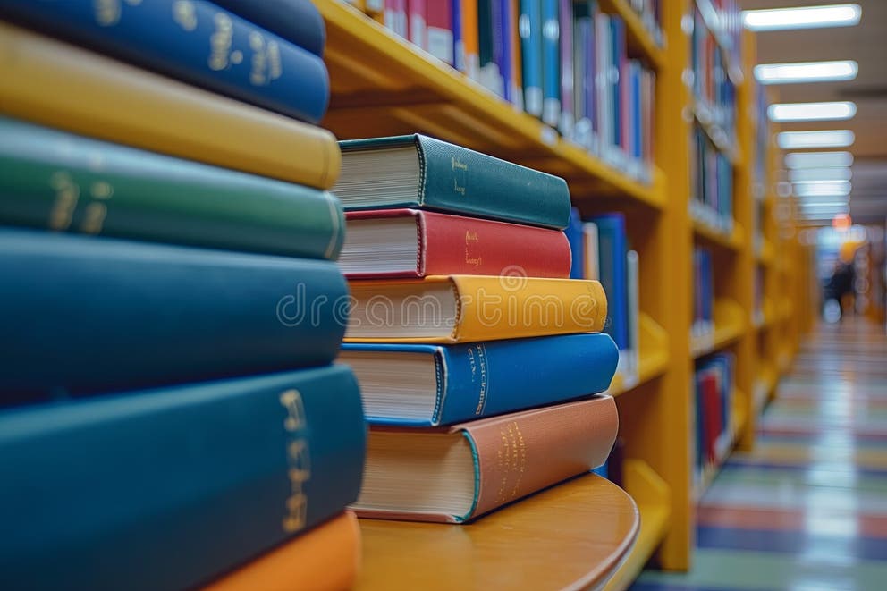Stack of Books on the Table in Library. Education and Learning Concept ...