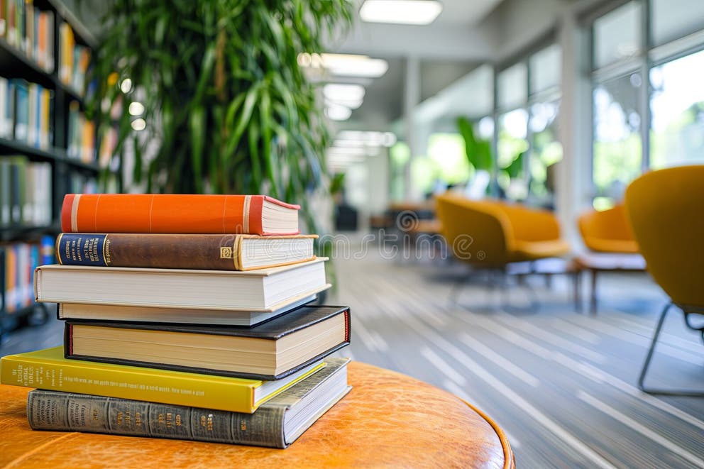 Stack of Books on the Table in Library. Education and Learning Concept. Stock Image - Image of ...
