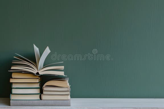 Stack of Books on the Table an Open Book and Green Background, Book Day ...