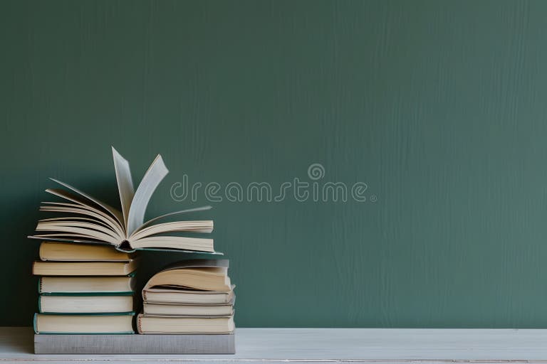 Stack of Books on the Table an Open Book and Green Background, Book Day ...