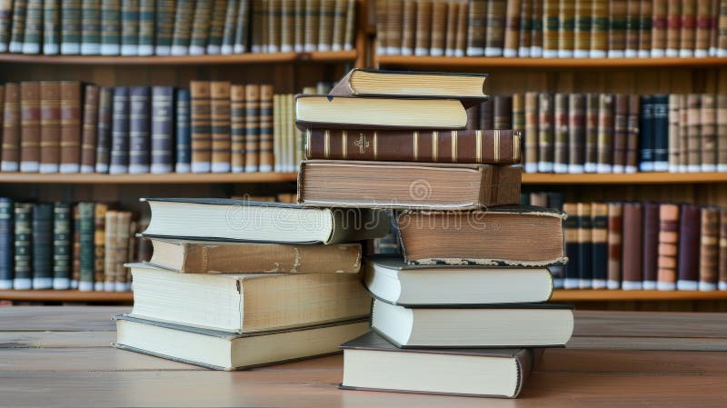 A Stack of Books on a Table Set Against a Library Background with ...