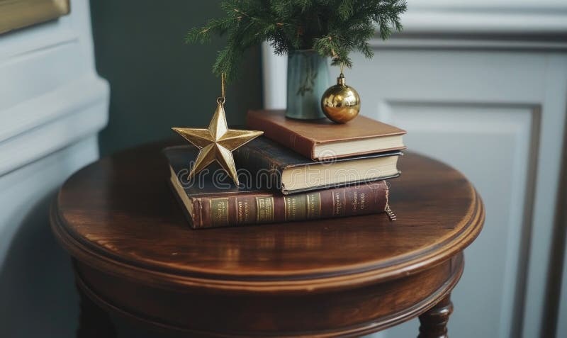 A Stack of Books on a Table with a Star and a Gold Ball on Top Stock ...