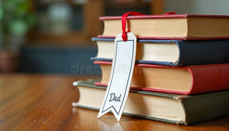 Stack of Books with a Tag Labeled "Dad" Stock Image - Image of present ...