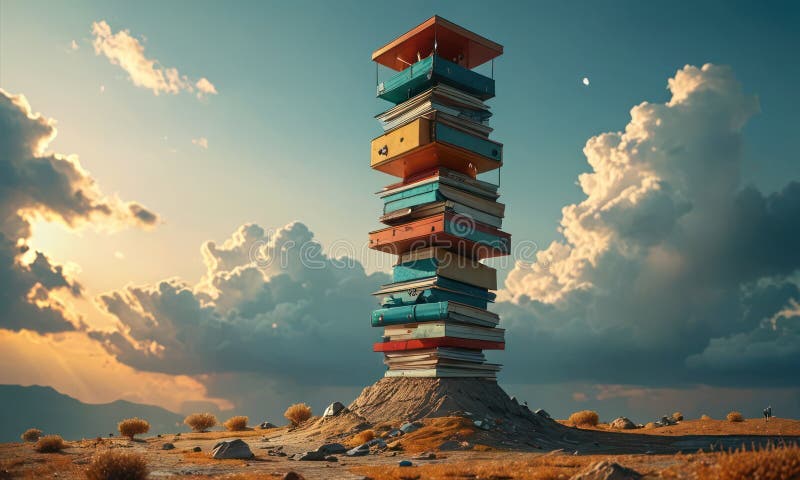 A Stack of Books is the Tallest Structure in the Image, with the Sky in ...