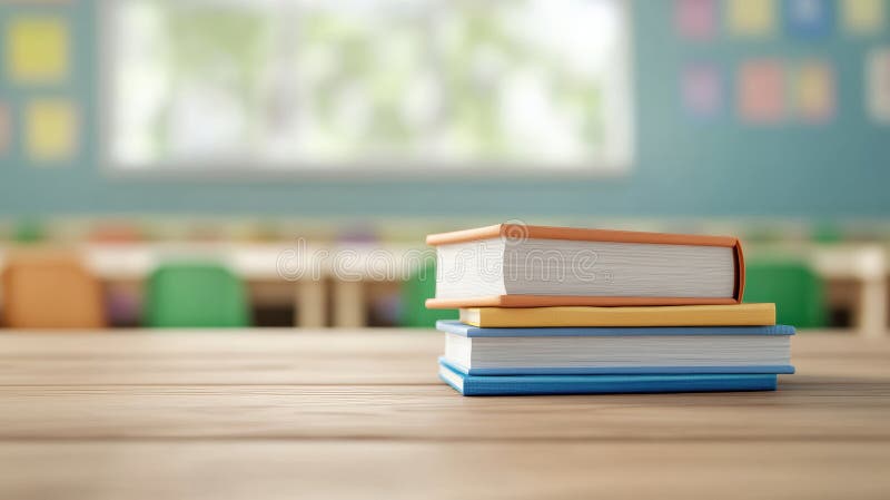 Stack of Books on a Teacher Desk in a Classroom Stock Photo - Image of ...