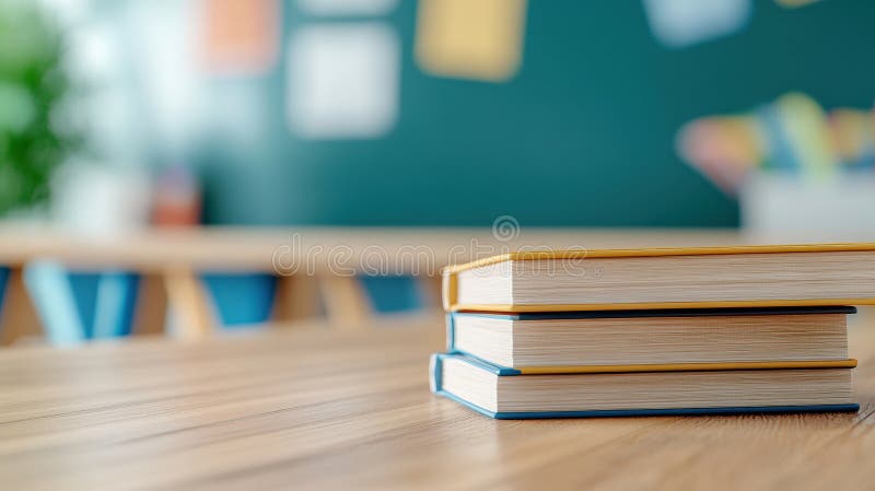 Stack of Books on a Teacher Desk in a Classroom Stock Image - Image of ...