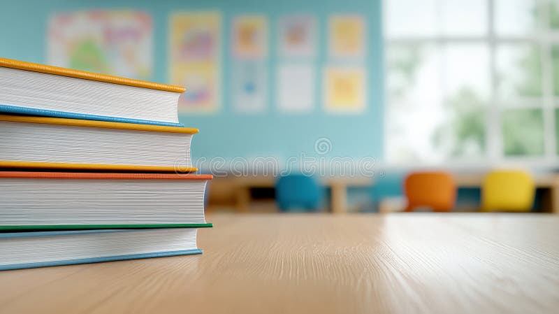 Stack of Books on a Teacher Desk in a Classroom Stock Photo - Image of ...