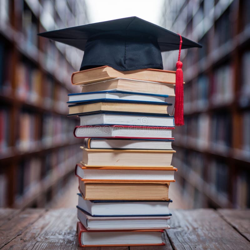 Stack of Books Topped with a Graduation Cap, Emphasizing Academic ...