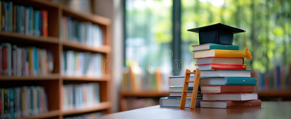 The Stack of Books Topped with a Graduation Cap in a Library Setting ...