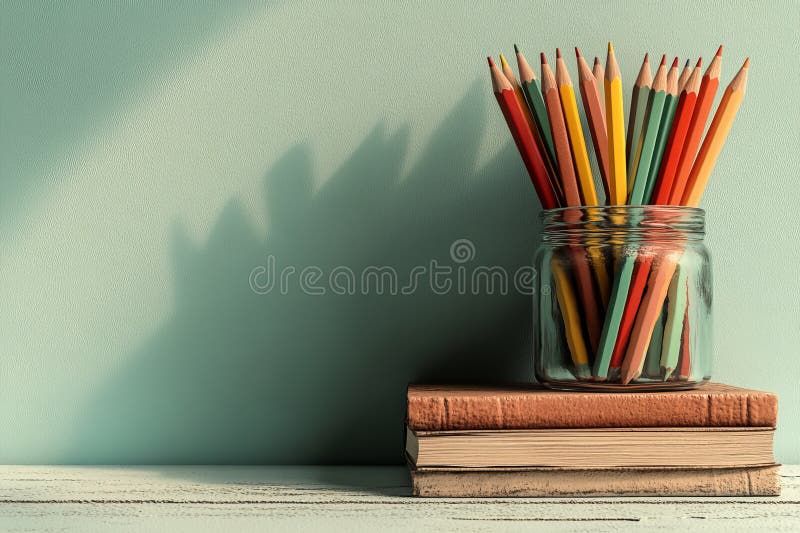 A Stack of Books Topped with a Jar of Colorful Pencils, Isolated ...