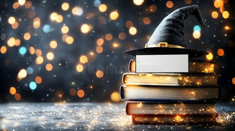 A Stack of Books Topped with a Witch S Hat Against a Sparkling ...