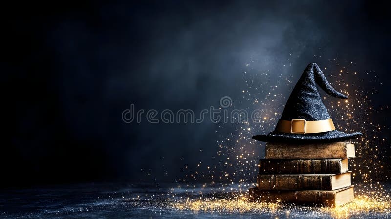 A Stack of Books Topped with a Witch S Hat, Surrounded by Magical ...