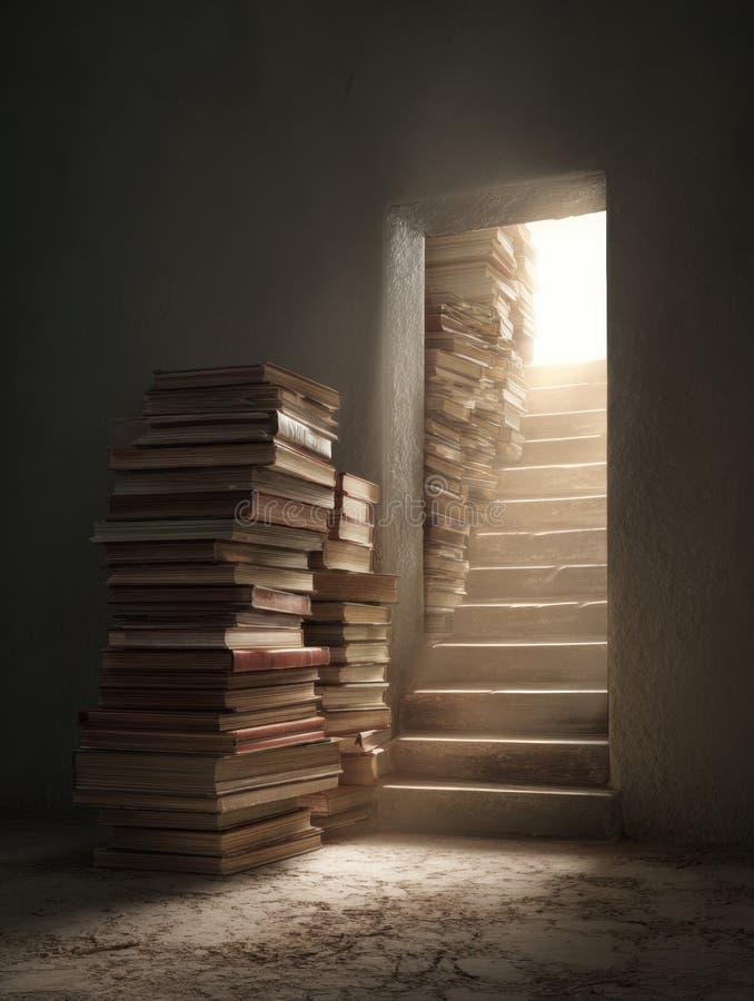 Stack of Books Transforms into a Staircase Leading To a Bright Doorway and an Open Path Stock ...