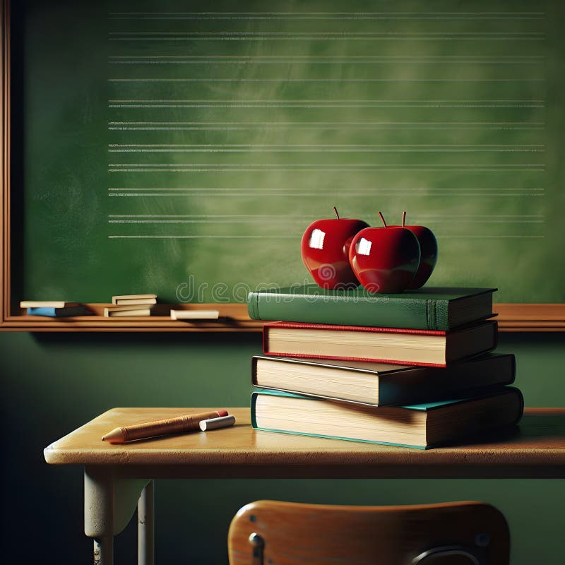 A Stack of Books with Two Red Apples on a School Desk. Stock ...