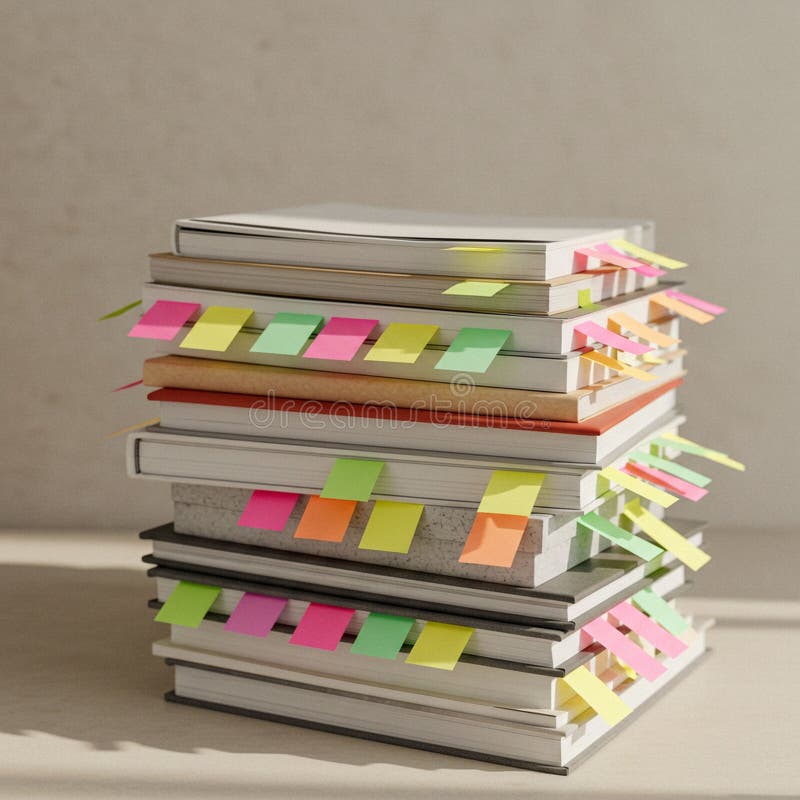 A Stack of Books with Various Colored Sticky Notes Protruding from ...