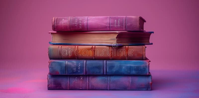 A Stack of Books in a Violet Rectangle on a Pink Background Stock Photo ...