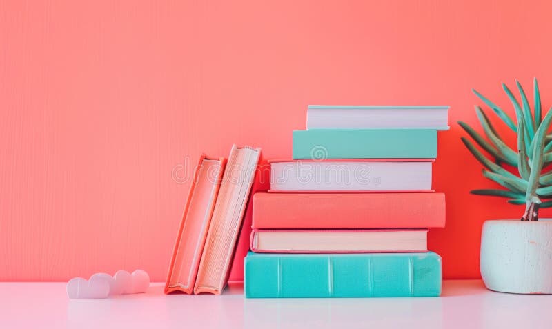 Stack of Books on a White Desk with a Pastel Coral Background Stock ...