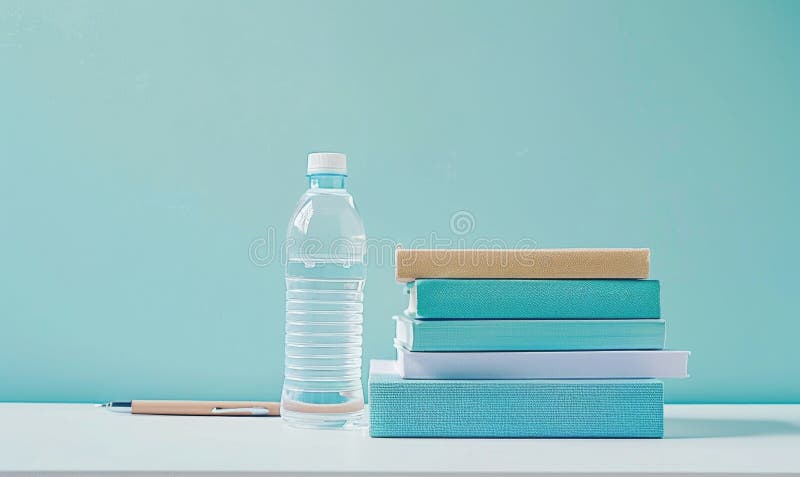 Blue Water Bottle Stack Books White Table Stock Photos - Free & Royalty ...