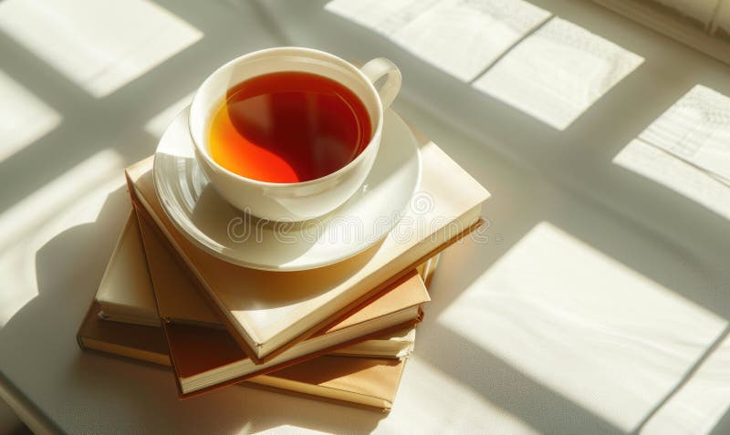 Stack of Books on a White Table with a Cup of Tea Stock Image - Image ...