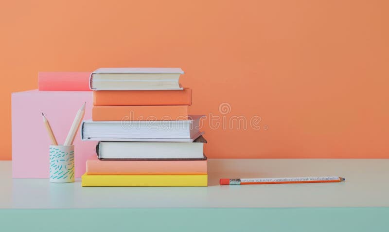 Stack of Books on a White Table with a Pastel Peach Background Stock ...
