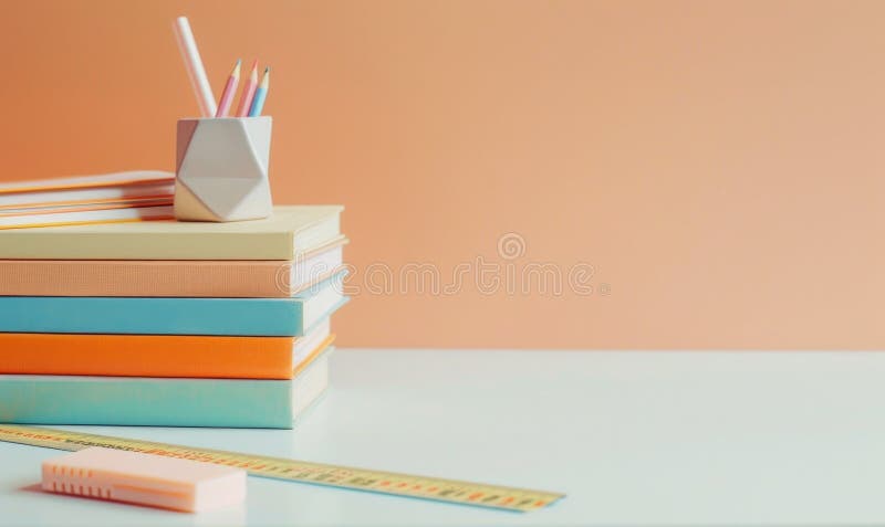 Stack of Books on a White Table with a Pastel Peach Background Stock ...