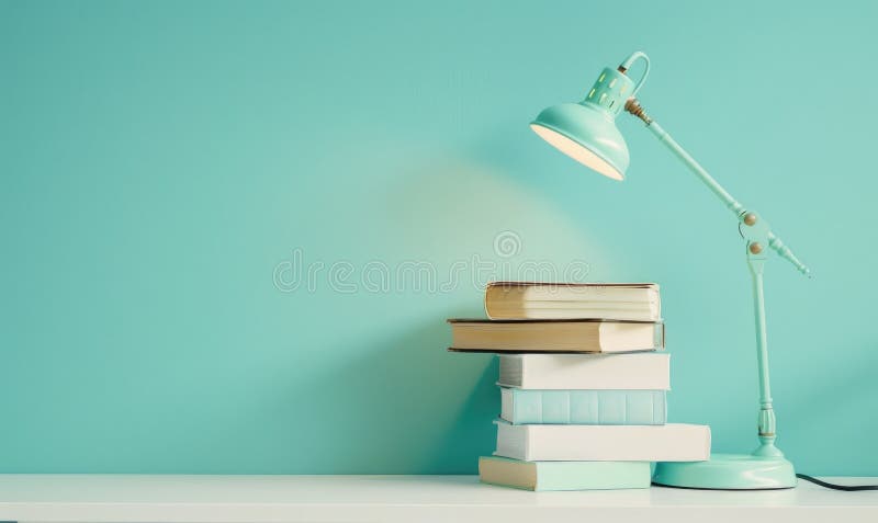 Stack of Books on a White Table with a Pastel Teal Background Stock ...