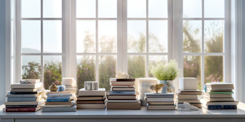 Stack of Books and Mirror Window with Sunlight Blurred Background Stock ...