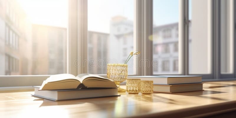 Stack of Books and Mirror Window with Sunlight Blurred Background Stock ...