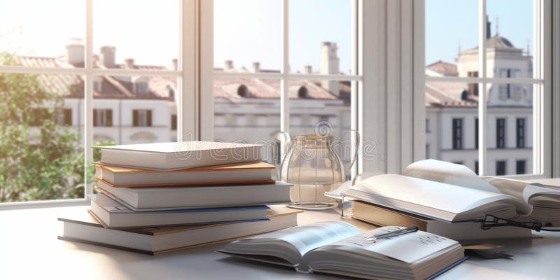 Stack of Books and Mirror Window with Sunlight Blurred Background Stock ...