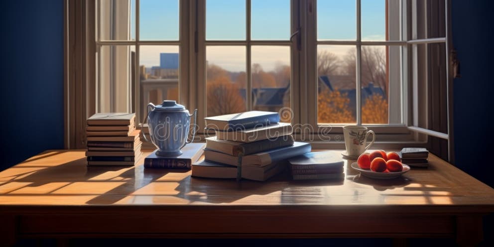 Stack of Books and Mirror Window with Sunlight in the Morning Blurred ...