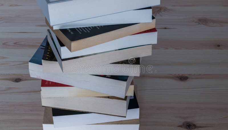 Knowledge and Science Concept: Stack of Books, Wooden Background Stock ...